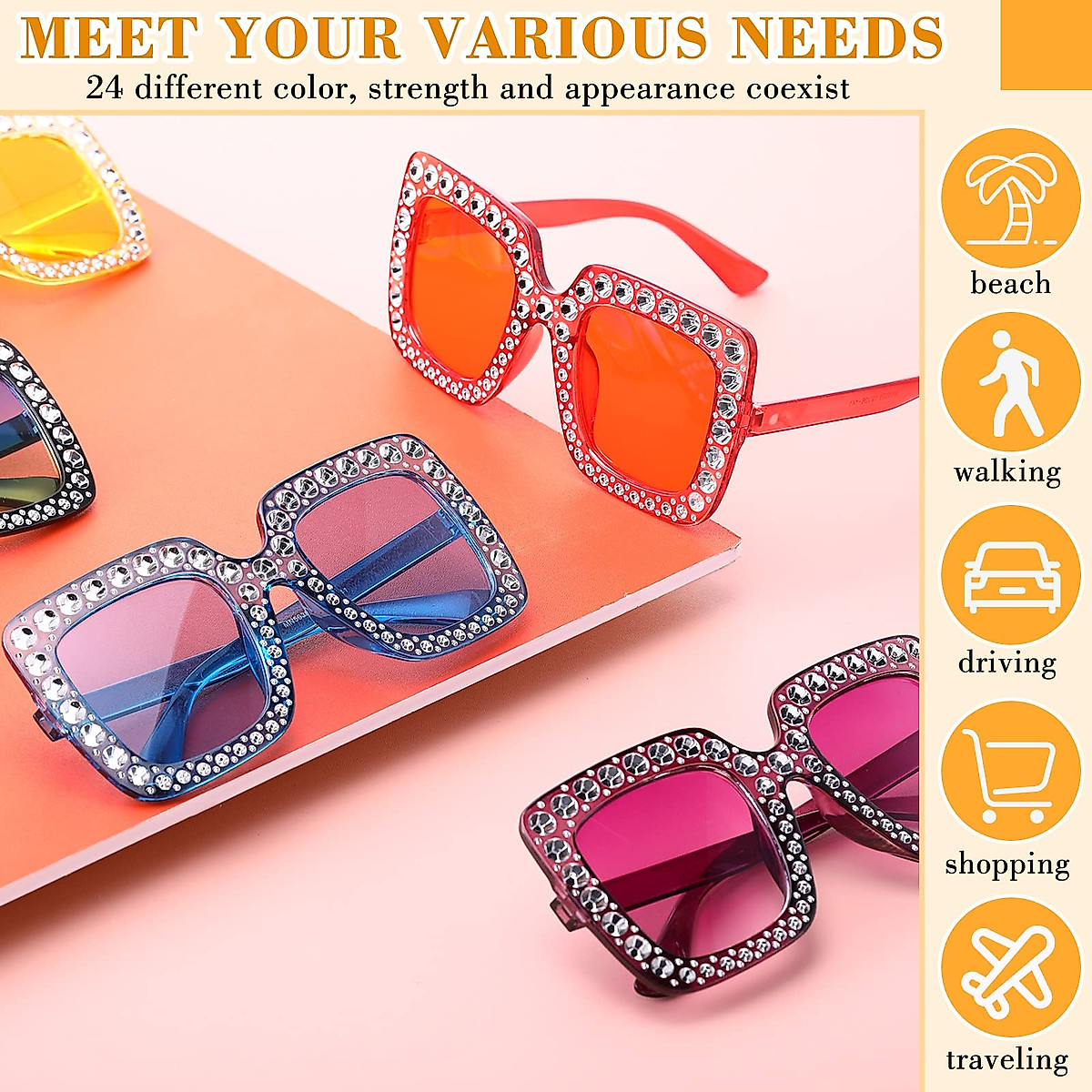 Chuangdi 24 Pairs Women Disco 70s Rhinestone Crystal Sunglasses Bulk 5.7 x 1.8 Large Square Sparkling Sunglasses Thick Frame Diamond Bling Bling Shape Sequins Glass Colorful Retro Party Supplies