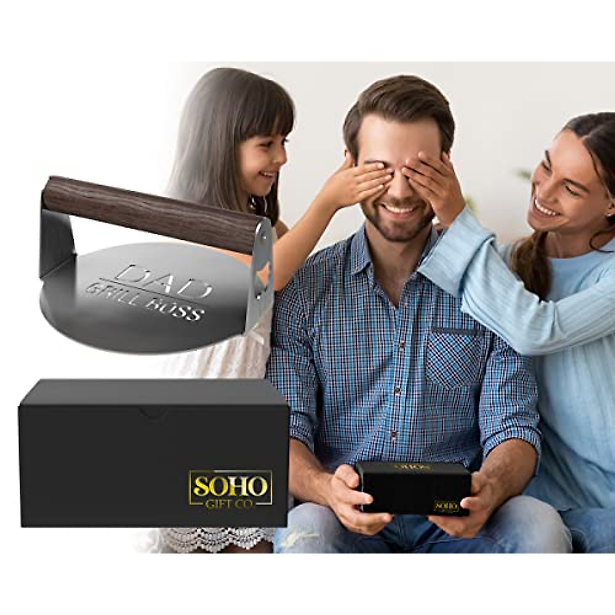 GALVANOX BBQ Press Grilling Gift for DAD The Grill Boss - Stainless Steel Smash Burger Press for Hamburger/Bacon with Wood Handle & Beer Opener (for Christmas, Birthday, Fathers Day)