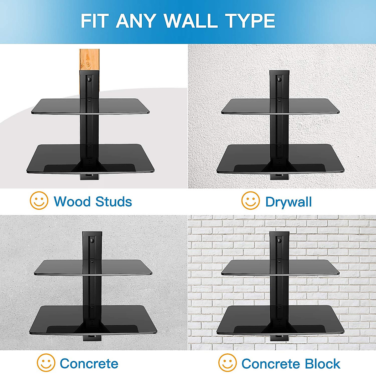 PERLESMITH Floating Wall Mounted Shelf Double AV Shelf with Strengthened Tempered Glasses for DVD Players,Cable Boxes, Games Consoles, TV Accessories - Holds up to 16.5 lbs PSDSK2-1