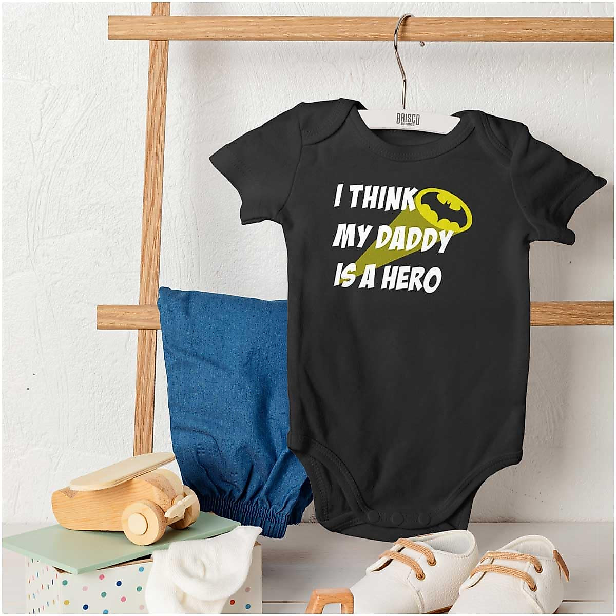 Brisco Brands I Think My Daddy is a Hero Superhero Baby Romper Boys or Girls