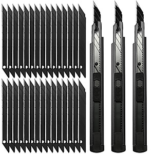 FOSHIO Retractable Utility Knife with 30 Degree Snap Off Blade 9MM, Box Cutter for Carton, Cardboard and Box, Office, Home Use, 3 Pack Black Aluminum Handle Knife ​with Extra 30 Replacement Blades