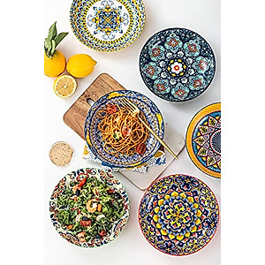 HENXFEN LEAD Pasta Salad Bowls Set of 6, Wide and Shallow Serving Dishes 27 Oz - 8 Inch Porcelain Soup Plates for Dinner, Kitchen and Eating - Bohemian style
