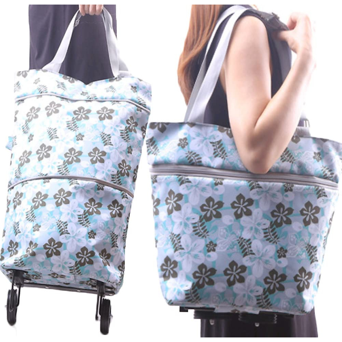 Upgrade Shopping Bag with Wheels Portable Trolley Bags Grocery Cart Hand Pulling Utility with Hand Straps Folding Shopping Cart- Larger Size & Waterproof & Strong（B0BDKBVK1Y）