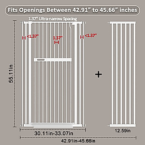 AIKSSOO 55.11" Extra Tall Cat Gate 42.91-45.66" Wide Safety White Metal Gate Pressure Mount Walk Through Swing Auto Close Pet Gate Toddler Dog Pet Cat for Indoor Stairs Doorways Kitchen