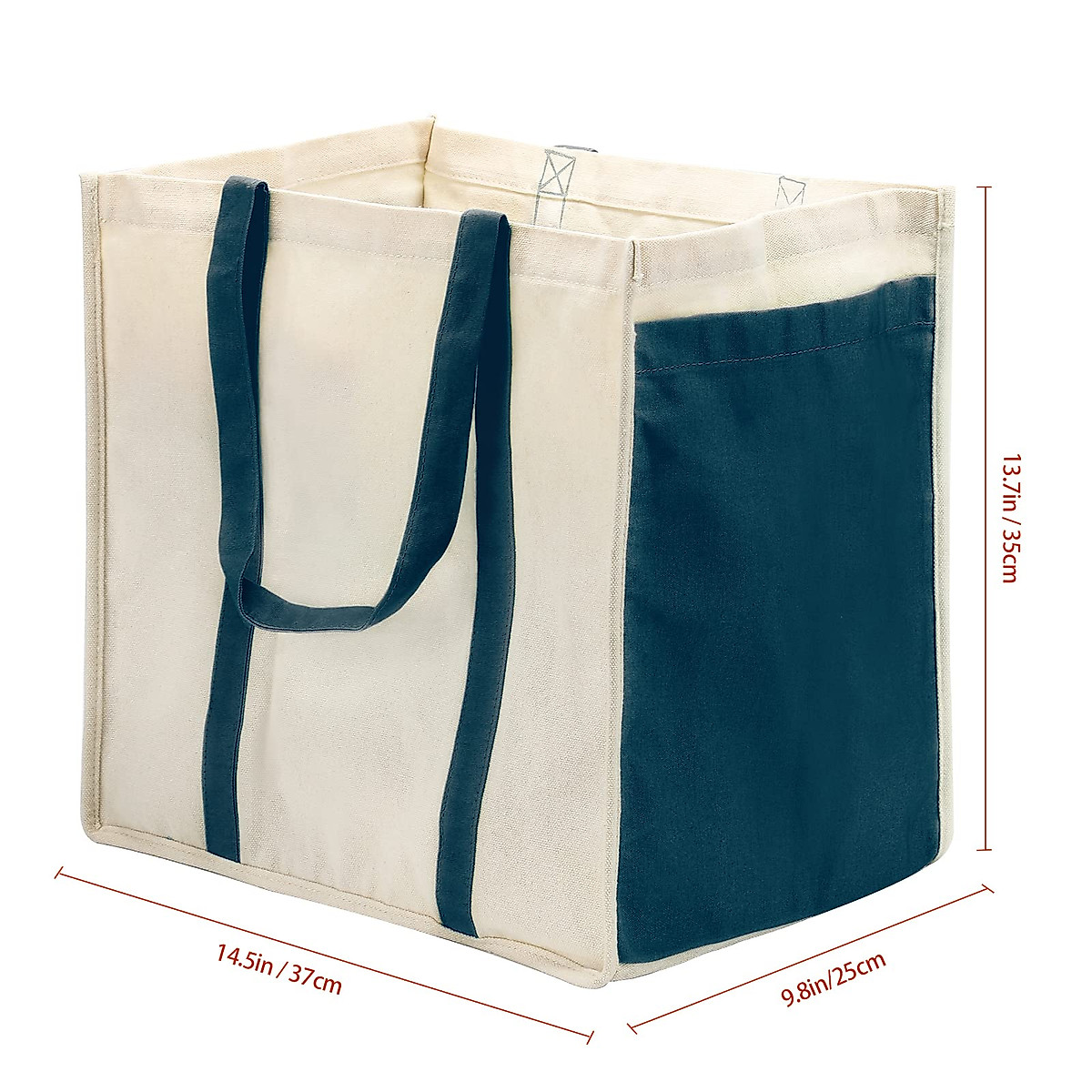 Anleo Reusable Cotton Canvas Grocery Tote Bags with Side Pockets, Large Utility Tote Bag for Shopping, Beach, Picnic