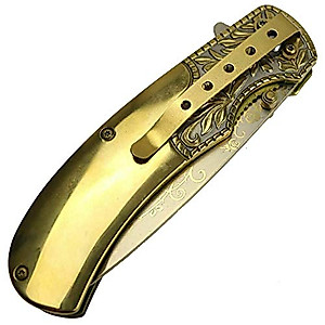 9" Gold Samurai Spring Assisted Folding Tactical Pocket Stainless Steel Blade Knife Sculpted Art