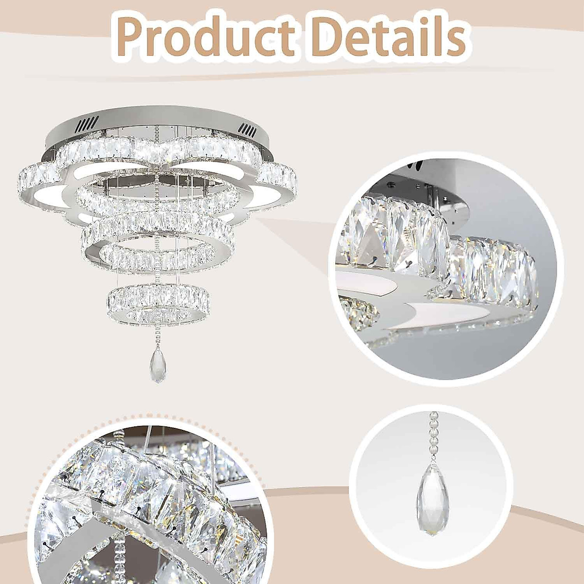 ykolupty W24 Crystal Chandeliers,Round Chandelier for Living Room Modern Ceiling Light Fixture Lamp for Foyer Bedrooms Dining Room Hallway LED Dimmable 2700K-6000K