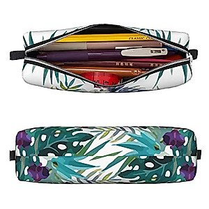 allgobee Pu Leather Pencil Bag Pen Case Topical-Hawaii-Watercolor-Orchid-Flowers-Pineapple Students Stationery Pouch Pencil Holder Desk Organizer