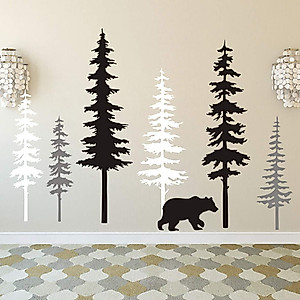 Large Forest Pine Tree with Bear Wall Decals Woodland Trees Wall Sticker for Nursery Room Art Kids Room Bedroom Decoration Forest Tree Animal Wall Mural AM10(White +Gray+Black W/Bear)