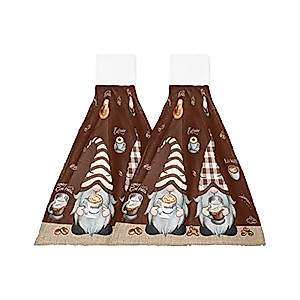 BOBOWUNY Brown Gnomes 2 Pcs Hanging Kitchen Hand Towels, Farmhouse Coffee Casual Time Super Soft Microfiber Tie Towels Aborbent Washcloth for Bathroom Oven Tea Bar