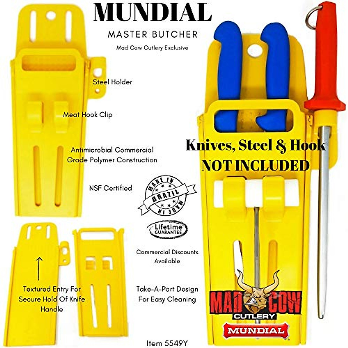 Mundial Master Butcher Knife Scabbard With Sharpening Steel Holder And Meat Hook Clip - Take-A-Part Design For Easy Clean - NSF Certified - Commercial Grade Polymer Construction - 5549Y