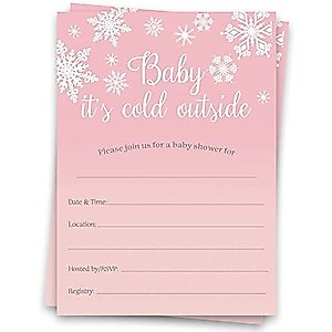 The Invite Lady Winter Baby Shower Invitation It's a Girl Snowflake Cold Outside Pink Fill in Blank Wonderland Snow DIY (15 Count)
