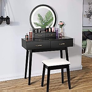 SMOOL Vanity Desk with Lighted Mirror - 3 Color Lighting Modes Adjustable Brightness, 4 Drawers Makeup Table with Soft Cushioned Stool for Bedroom Studio, Black
