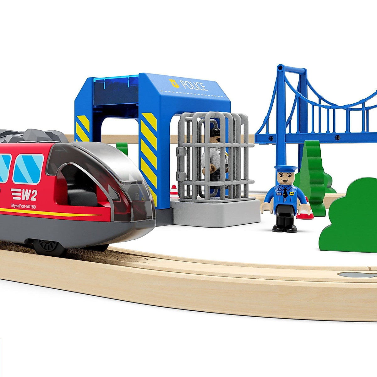 Wooden Train Tracks Accessories, Train Set Piece of Police Station Compatible with All Railroad Track Collection, Train Toys Expansion Pack for Kids Ages 3 and Up.