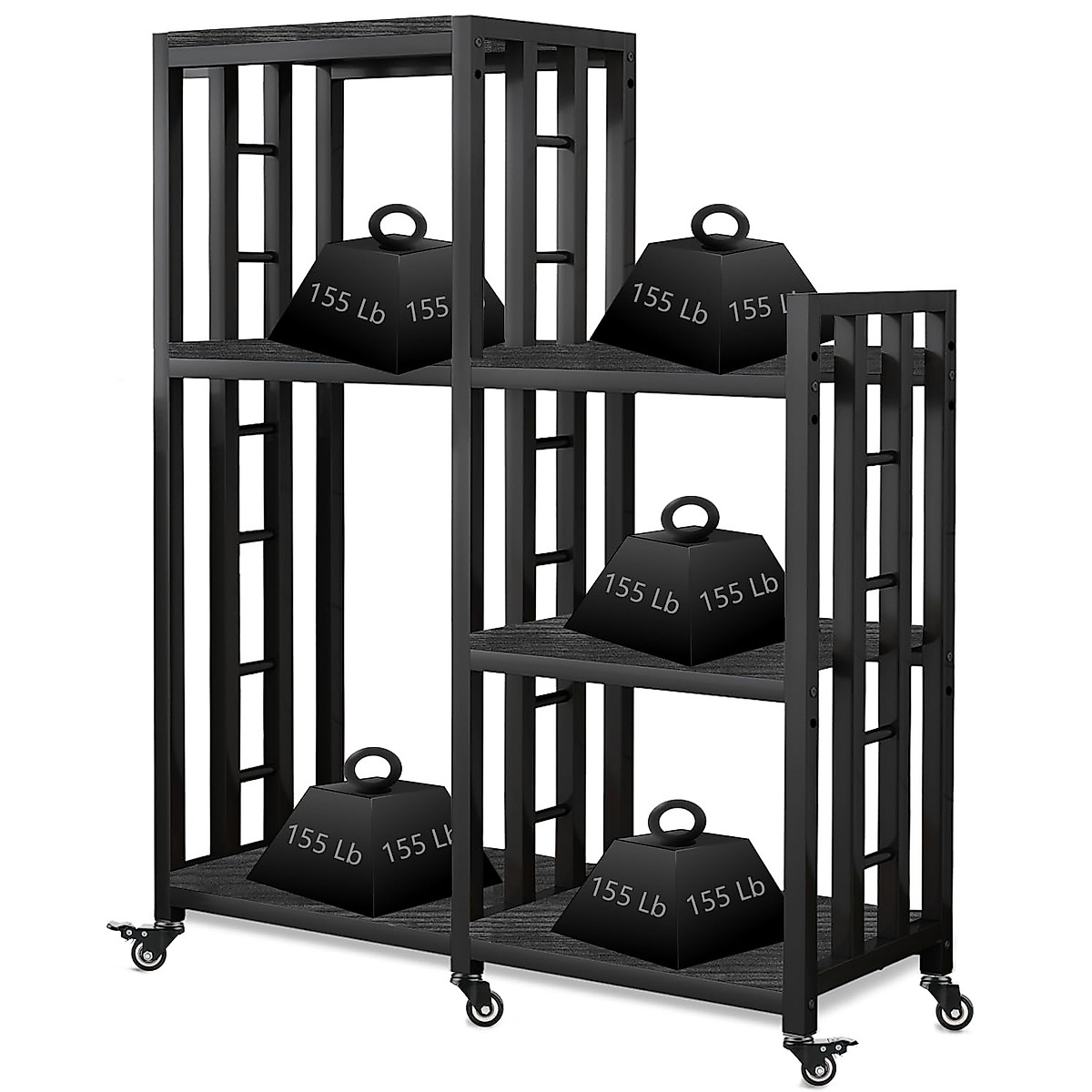6-Tier Kitchen Bakers Rack, Multifunctional Storage Shelf, Mini Fridge & Microwave Oven Stand Table, Coffee Bar, Adjustable Kitchen Shelves Freestadning (Charcoal Black Wood Grain Print with wheels)