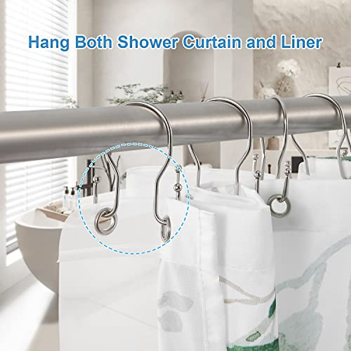 24 Pack Double Shower Curtain Hooks Rings, TENOVEL Double Sided Shower Curtain Hooks Rust Proof for Shower Curtain, Stainless Steel Bathroom Shower Hangers Rings for Shower Rods, Brushed Nickel