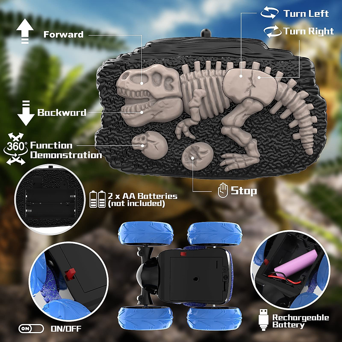 Dywalfri Remote Control Car, Dinosaur Toys RC Stunt Car 360°Rolling with LED Headlights, Rechargeable RC Car Dinosaur Toys Gifts for 4 5 6 7 8-12 Year Old Boys Girls Kids （Sharkosaurus ）