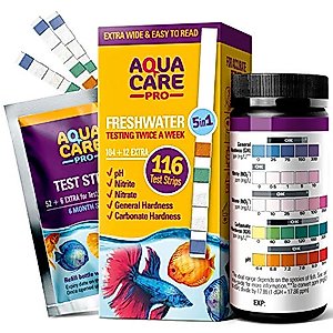 Freshwater Aquarium Test Strips 5 in 1 - Pond or Fish Tank Test Kit for Testing pH Nitrite Nitrate General & Carbonate Hardness (GH & KH) - Easy to Read Wide Strips & Full Water Testing Guide, 116 Ct
