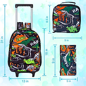 3PCS Kids Rolling Backpack for Boys, Dinosaur Roller Wheeled Bookbag Toddler Elementary School Bag with Wheels