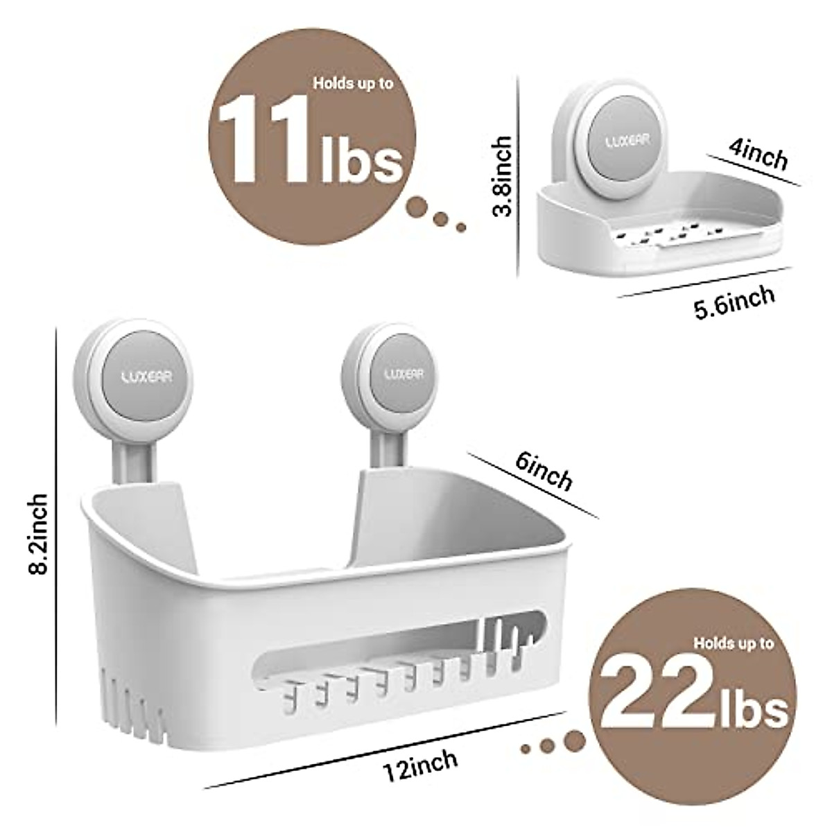 LUXEAR Shower Caddy Suction Cup Sets Shower Shelf Basket + Soap Dish Holder NO-Drilling Removable One Second Installation Suction Shower Organizer Powerful Waterproof Bathroom Caddy Storage-2 Pack