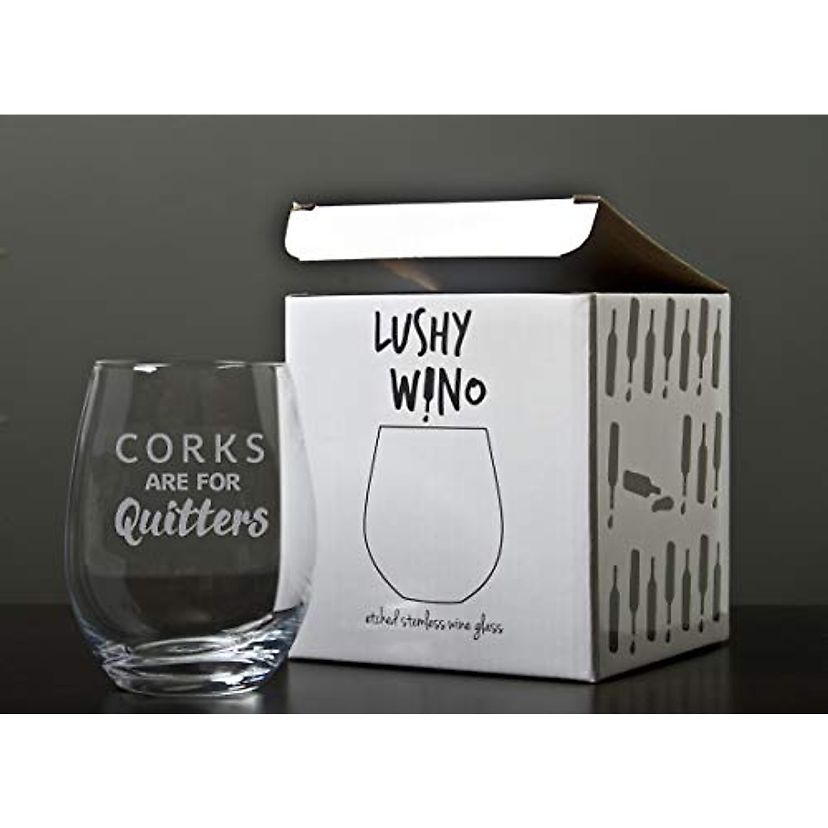 Lushy Wino - Corks Are For Quitters | 18oz. Etched Stemless Wine Glass: Dishwasher Safe Funny Wine Glasses For Women in Gift-Ready Box