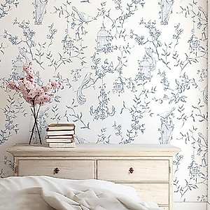 RollsRolla Toile Wallpaper Modern Farmhouse Wallpaper Peel and Stick Wallpaper Vintage Ivory Beige Neutral Blue and White with Birds and Flowers for Accent Wall Bedroom Bathroom