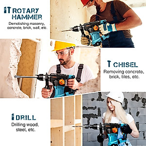SHALL 1-1/4 Inch SDS Plus Heavy Duty Rotary Hammer Drill, 1500W Rotomartillo, 6 Variable Speeds, Flat Chisel, Point Chisel and 3 Drill Bits Included, for Drilling, Hammering, Chiseling, 0-950 RPM