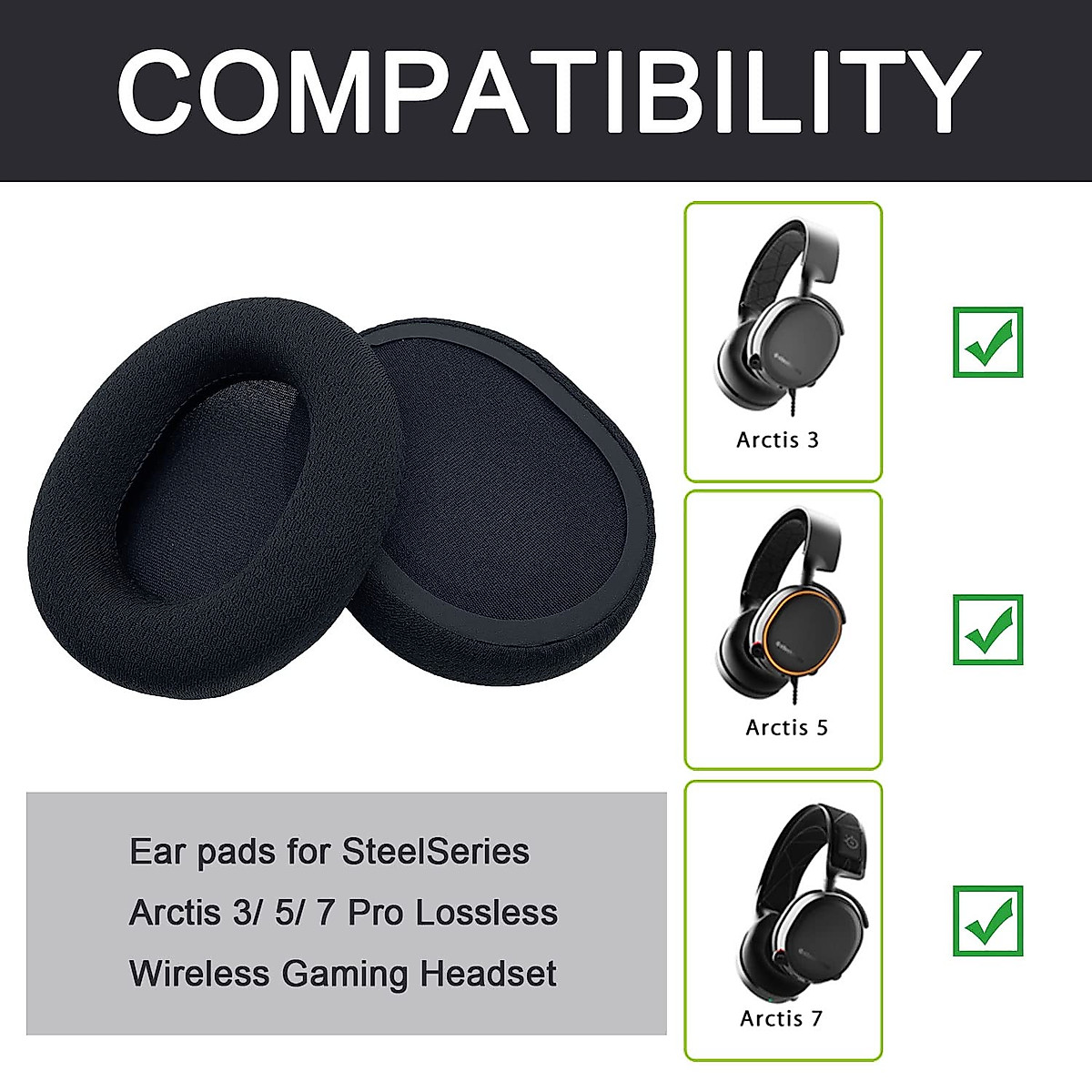 Earpads for SteelSeries Arctis 7 5 3 Replacement Ear Cushion Pads with Protein Leather and Memory Foam for SteelSeries Arctis 7 5 3 Gaming Headphones, A Pair, Black