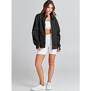 Caracilia Women's Oversized Sweatshirts Long Sleeve Zip Up Y2K Trendy Fashion Sweatshirt Jackets Pullovers Active Comfy Cute Clothes With Thumb Hole C112A0-heise-S Black