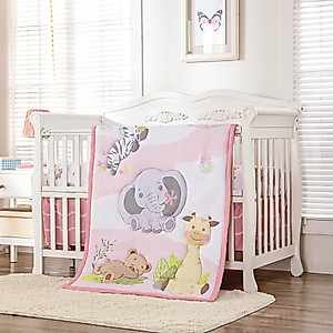 Baevellery Crib Bedding Set for Girls 3Piece Jungle Elephant Baby Girl Crib Bedding Set Nursery Crib Set for Baby Girl - Fitted Sheet Crib Comforter Crib Skirt