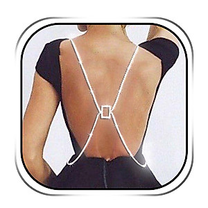 Jeweky Crystal Body Chain Rhinestones Back Necklace Silver Sparkly Body Jewelry Square Drop Back Necklace for Women