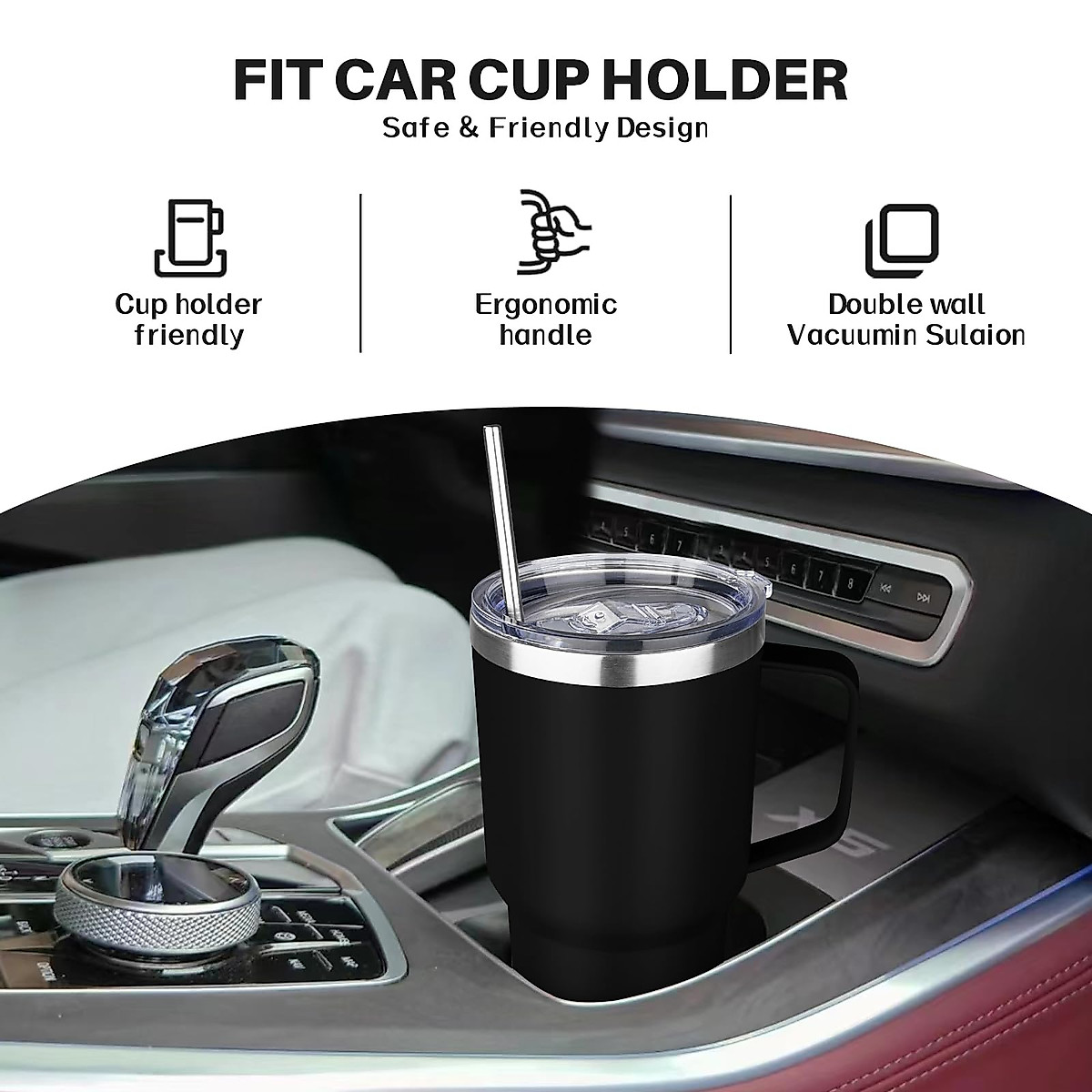 GUDEMAO 30 oz Tumbler with Handle, Stainless Steel Insulated Tumbler with Lid and Straw, Double Wall Vacuum Insulated Coffee Mug Tumbler, Insulated Coffee Thermal Cup for Cold and Hot (Black)