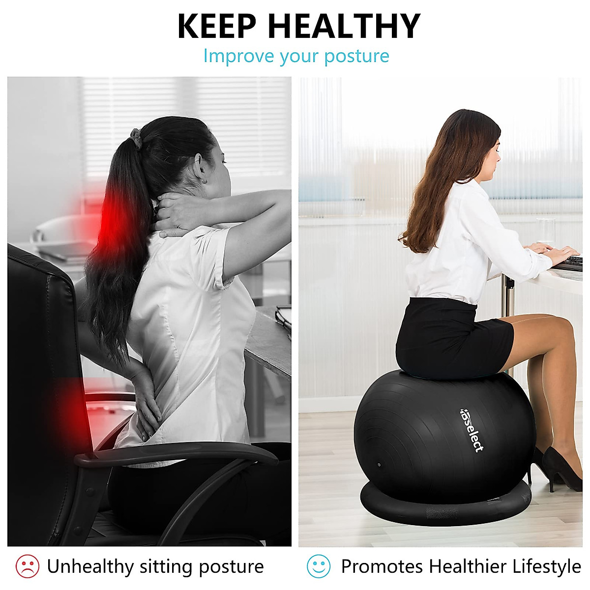 HBselect Exercise Ball Chair &Anti-Slip Stability Base & Resistance Bands, Extra Thick Anti Burst Swiss Gym Ball for Yoga, Pilates, Birthing Pregnancy