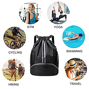 Qoosea Drawstring Backpack Sports Gym Sackpack with Side Mesh Pockets Shoe Compartment Water Resistant String Bag for Women Men (Black)
