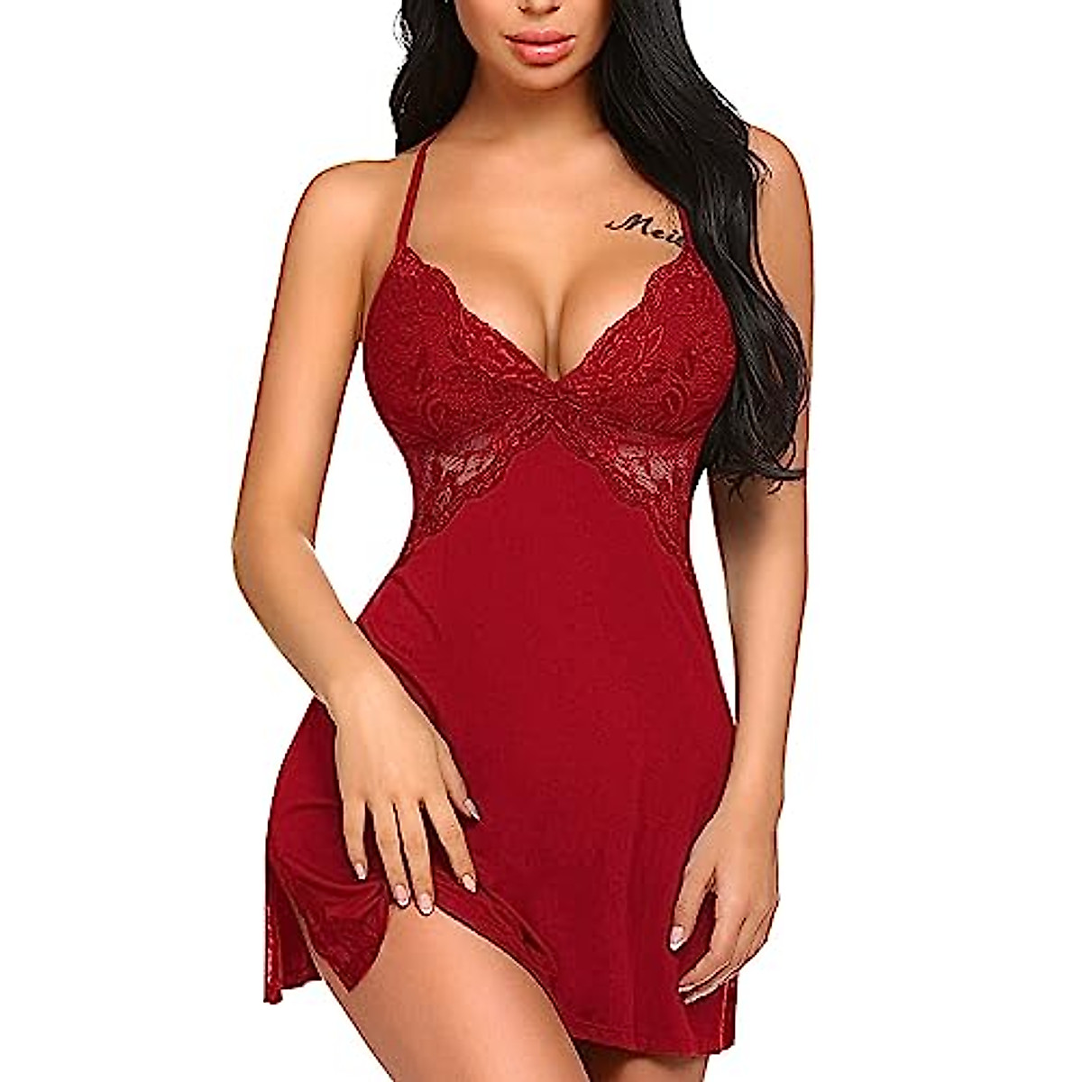 Avidlove Women Lingerie Lace Chemise Sleepwear Babydoll Teddy Lingerie Dark Red