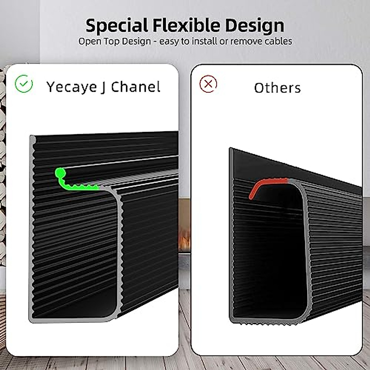 YECAYE Cable Management 6X15.7in J Channel - 6 Pack Cable Raceway, Cord Cover, Under Desk Cable Management, Capacity Cord Cable Organizer Wire Management, Easy to Tape Install, Black