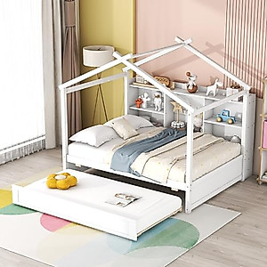 DEYOBED Full Size House Bed with Storage Shelves and Twin Size Trundle, Wooden Full Playhouse Bed, Canopy Bed, House Shape Bed Frame for Kids Boys Girls, No Box Spring Needed, Brushed White