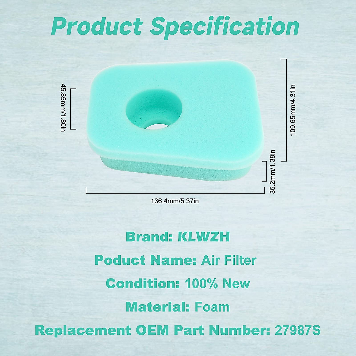 KLWZH 27987S Air Filter for BS 27987 4108 5001H JD AM34963 LG27987 LG27987S 60500 61500 80500 81500 90102 130200 131200 140200 2-5 HP horizontal Engines Lawn Mower