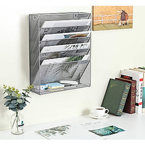EasyPAG 5 Slot Wall Hanging File Organizer Vertical Office Desk /Wall Mounted File Holder Paper Organizer with Bottom Flat Tray,Black,Silver