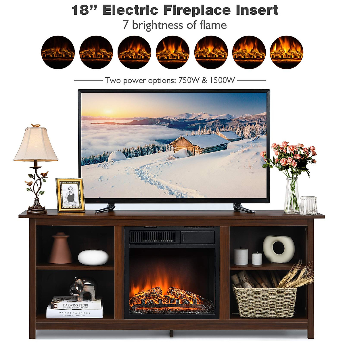 Tangkula Fireplace TV Stand, 58 Inches Entertainment Media Console Center w/18 Inches 1500W Electric Fireplace, w/Remote Control and Adjustable Brightness, TV Stand Fireplace for TV Up to 65 Inches