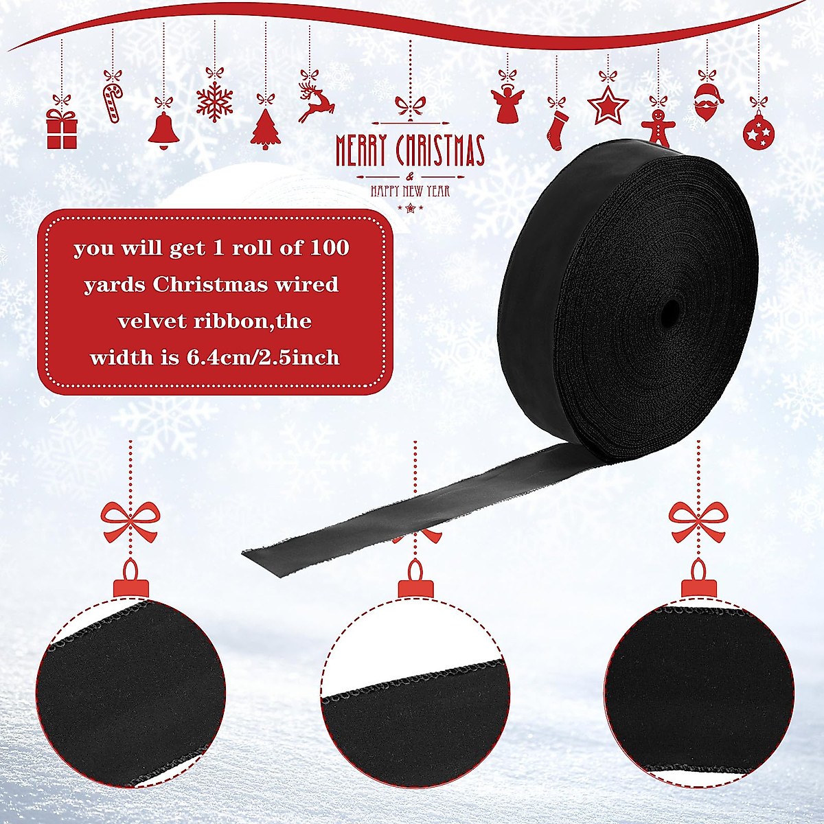 100 Yards Christmas Velvet Ribbon Wide Wired Outdoor Xmas Ribbon Waterproof Wrapping Velvet Decoration for Xmas Wreath Bows Floral Craft Decor(2.5'' x 100 yds,Black)