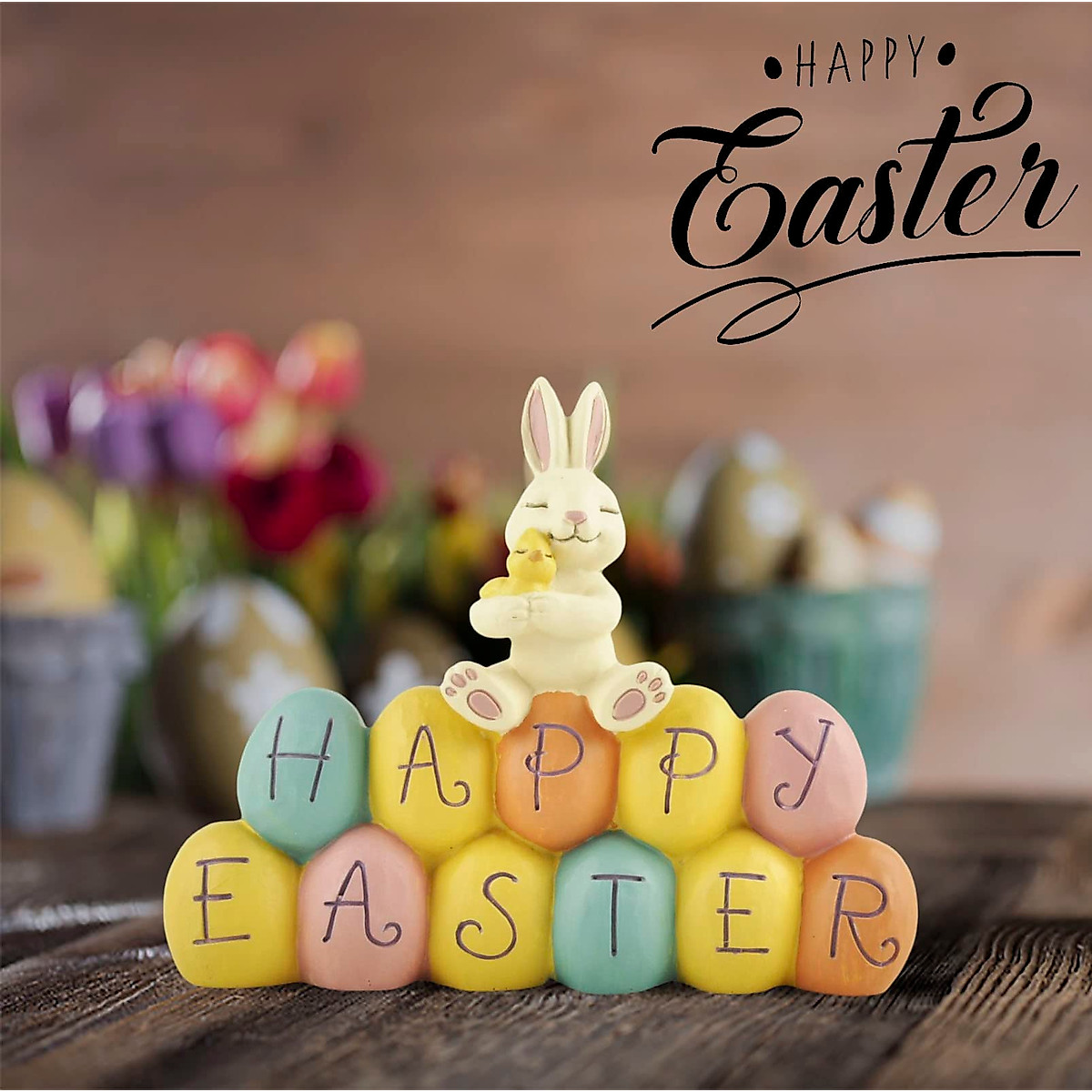 Easter Bunny Figurine Decorations - Hand Painted Sping Rabbit Statue Ornament - Easter Animal Tabletopper Accessories Sculpture for Party,Garden,Home Decorations,4.8 Inch,Polyresin