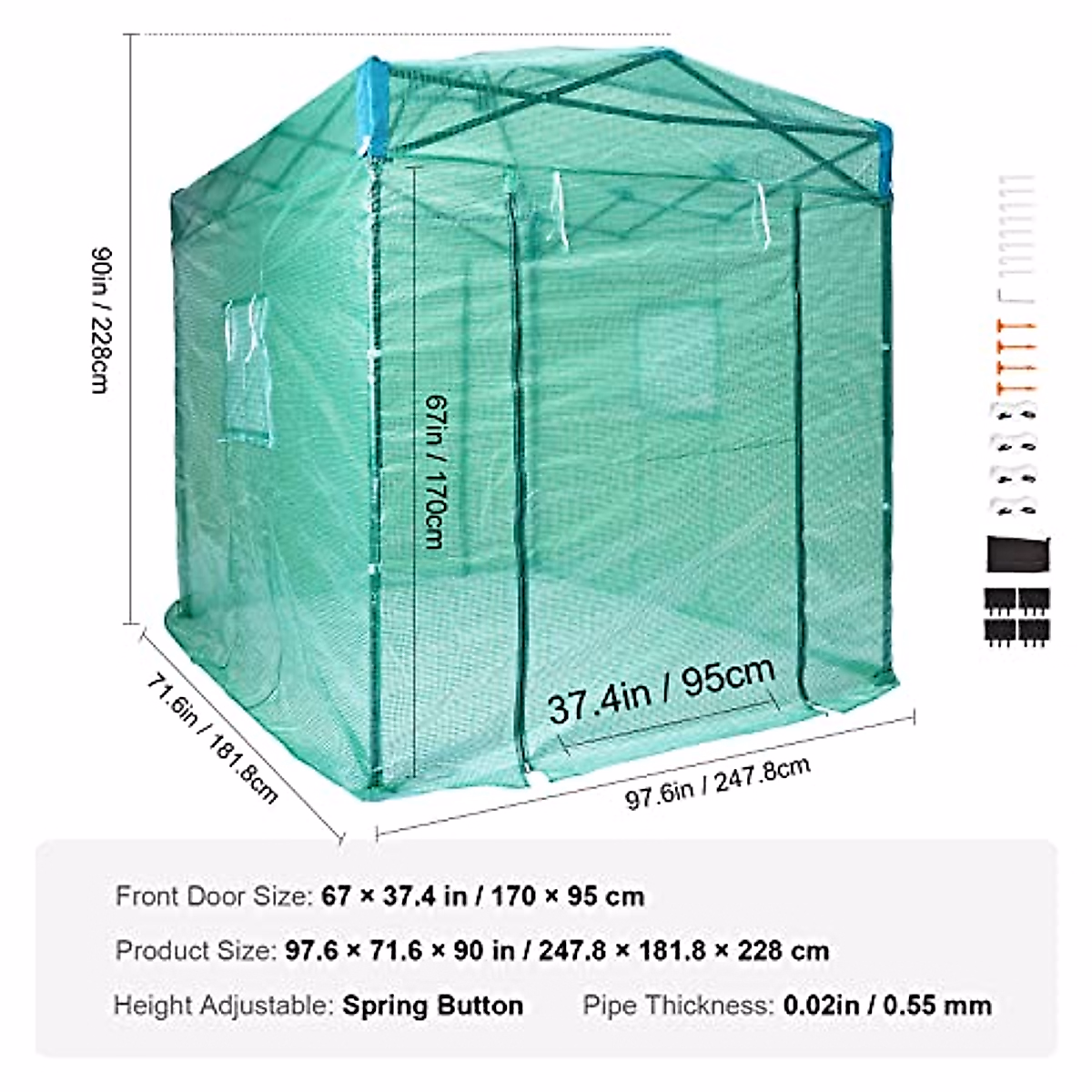 VEVOR Pop Up Greenhouse, 8 x 6 x 7.5 ft Pop-up Green House, Set Up in Minutes, High Strength PE Cover with Doors & Windows and Powder-Coated Steel Frame, Suitable for Planting and Storage, Green