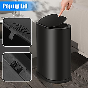 Anzoymx Stainless Steel Bathroom Trash Cans 1.8 Gallons Small Garbage Can with Pop up Lid, Metal Narrow Wastebasket, Slim Waterproof Litter Trash Bins Set for Bedroom, Toilet, Office (Black)