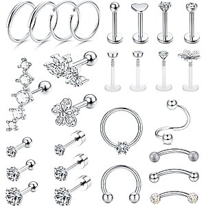 JeryWe 27Pcs 16G Cartilage Earrings Stud Hoop for Women Men Stainless Steel Helix Piercing Tragus Earrings Forward Conch Piercing Jewelry