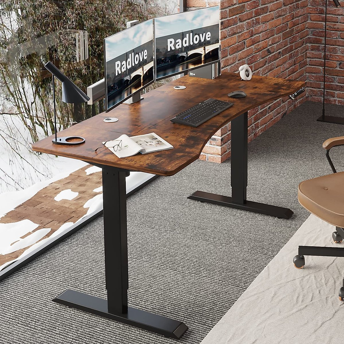 Radlove Dual Motor Height Adjustable Standing Desk, 63 x 30 Height Adjustable Computer Desk Sit Stand Desk Home Office Desks with Splice Board 265 lb Load Capacity Black Frame + Rustic Brown Top