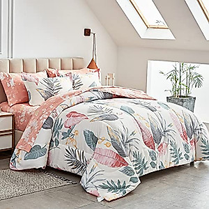 AIKASY Pink Queen Comforter Set with Sheets,Bed in a Bag 7-Pieces,Palm Tree Totem Printing Design,Ultra Soft Down Alternative All Season Bedding Set(Queen, Pink)
