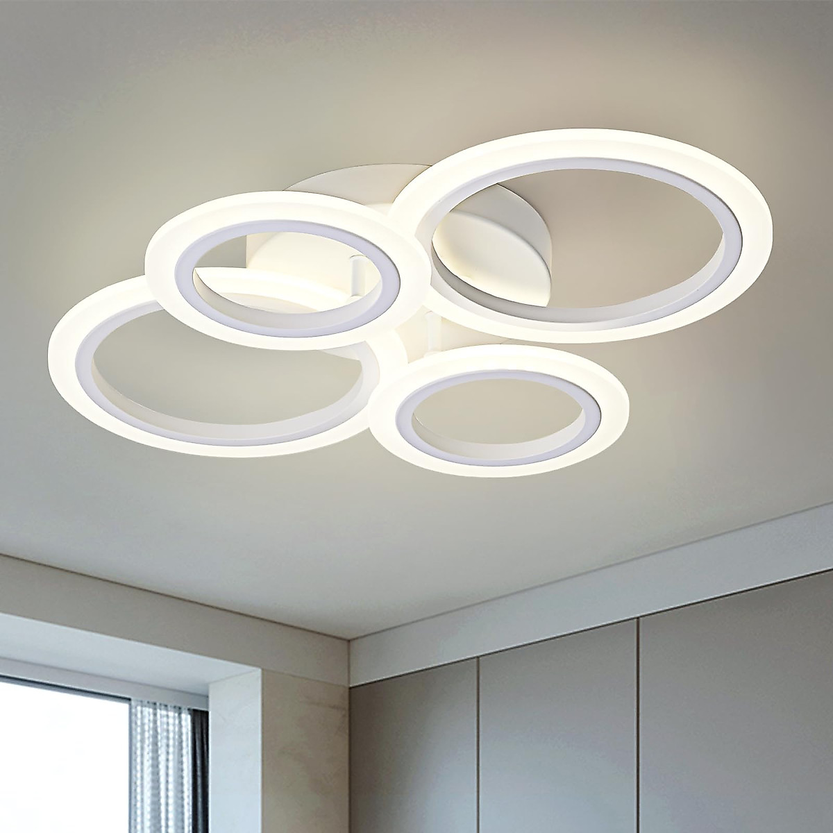 ZUYURT Modern LED Ceiling Light, White Flush Mount Ceiling Light, 4 Rings Close to Ceiling Lamp Lighting Fixture for Kitchen, Living Room, Bedroom, Laundry Room, 4000K