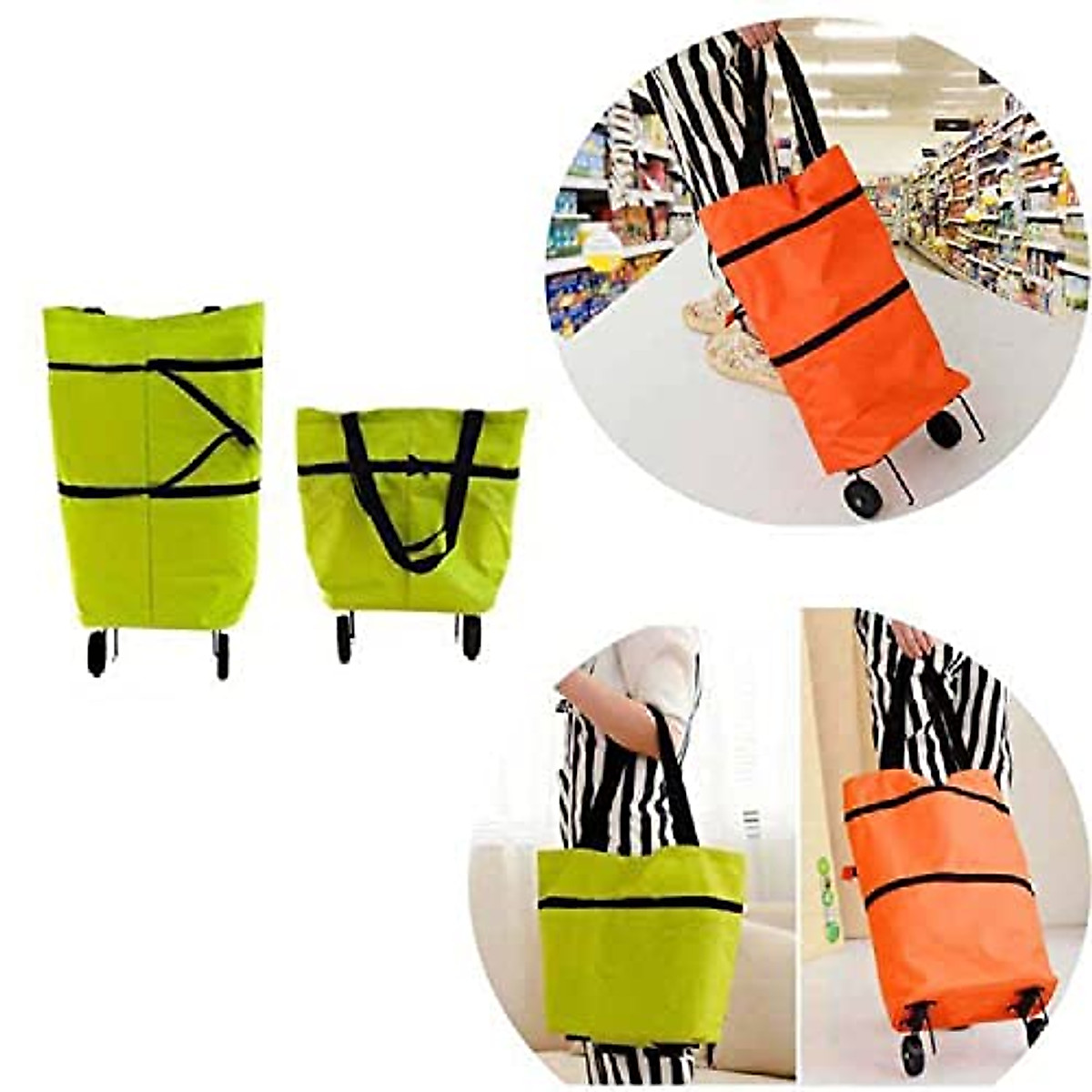 Collapsible Trolley 16 Gallon Capacity Bags Folding Shopping Bag with Wheels Foldable Shopping Cart Reusable Shopping Bags Grocery Bags Shopping Trolley Bag on Wheels (Orange)