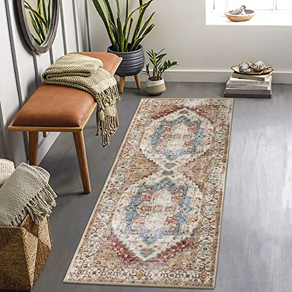 Lanffia Boho Rug Runner 2x5 Washable Persian Hallway Runner Rug Vintage Distressed Entry Throw Area Rug Non-Slip Low-Pile Floor Carpet for Kitchen Bathroom Laundry Room Bedroom, Yellow/Multi